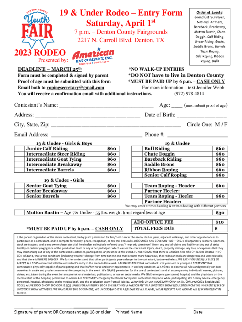 Fillable Online 19 & Under RodeoEntry Form Saturday, April 1 Fax Email ...