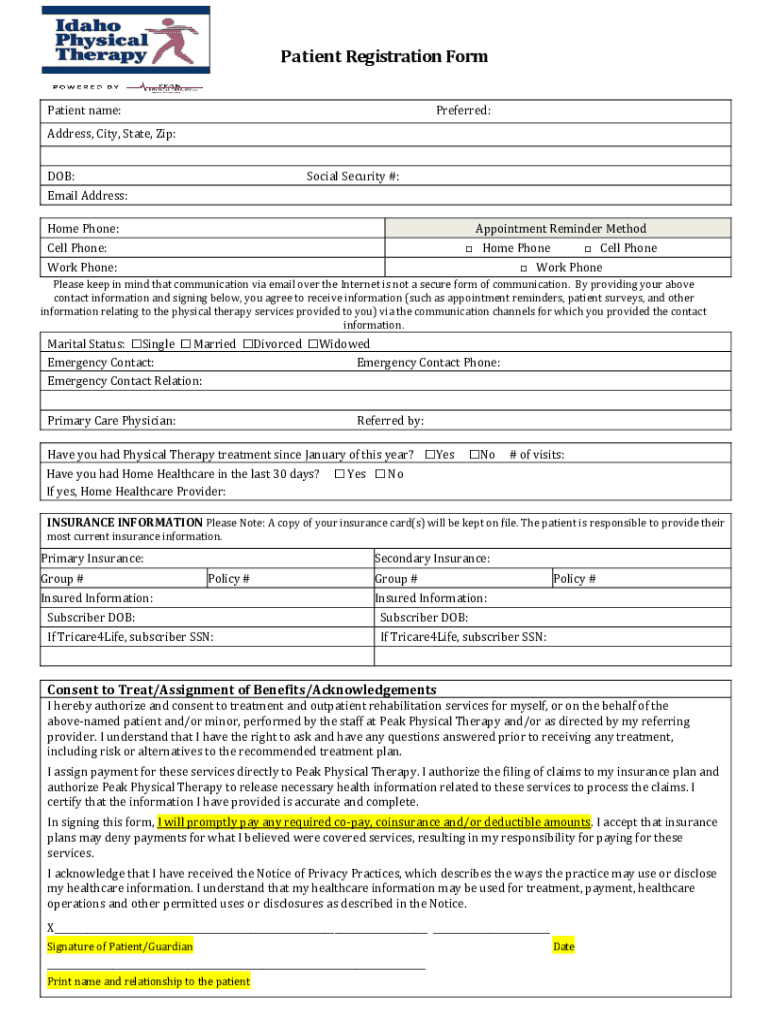 Fillable Online Patient Registration Form - Peak Physical Therapy Fax Email Print - pdfFiller