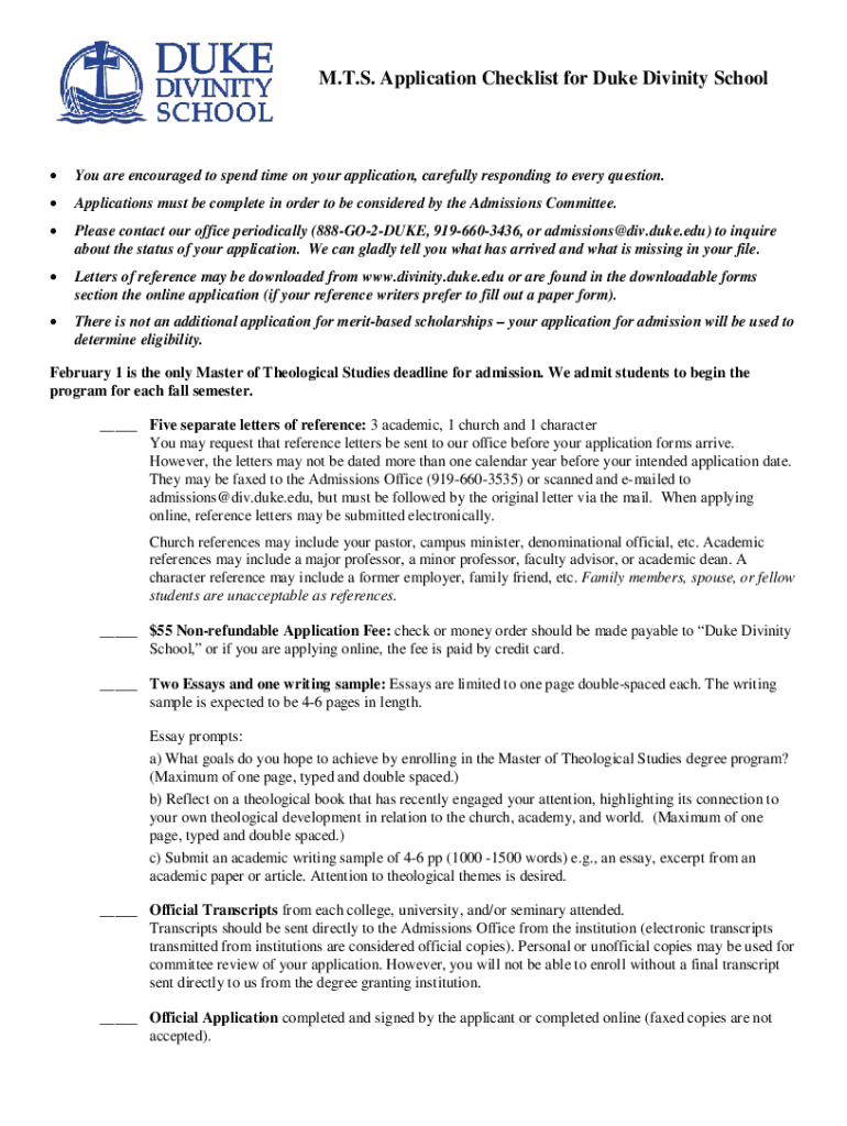 Fillable Online divinity duke International Application Checklist for ...