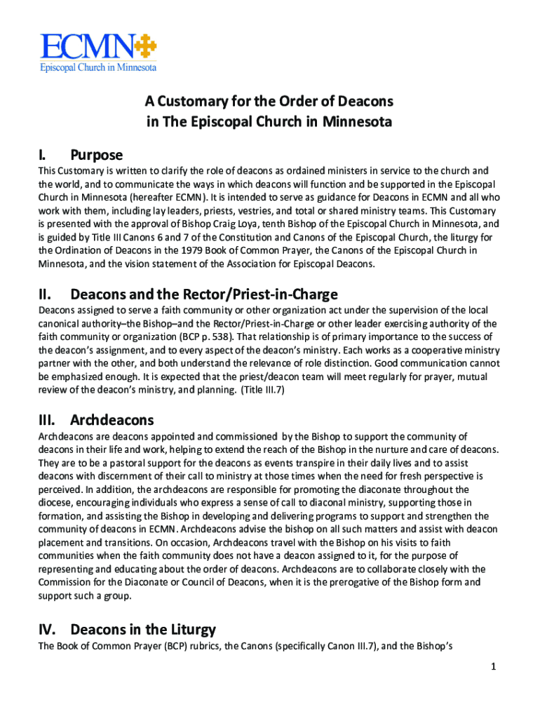 Fillable Online A Customary for the Sacred Order of Deacons ... Fax ...