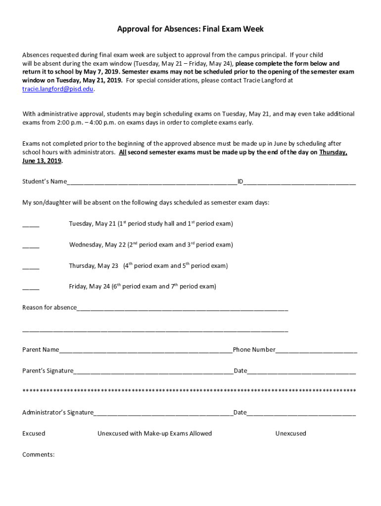 Fillable Online Approval for Absences: Final Exam Week Fax Email Print - pdfFiller