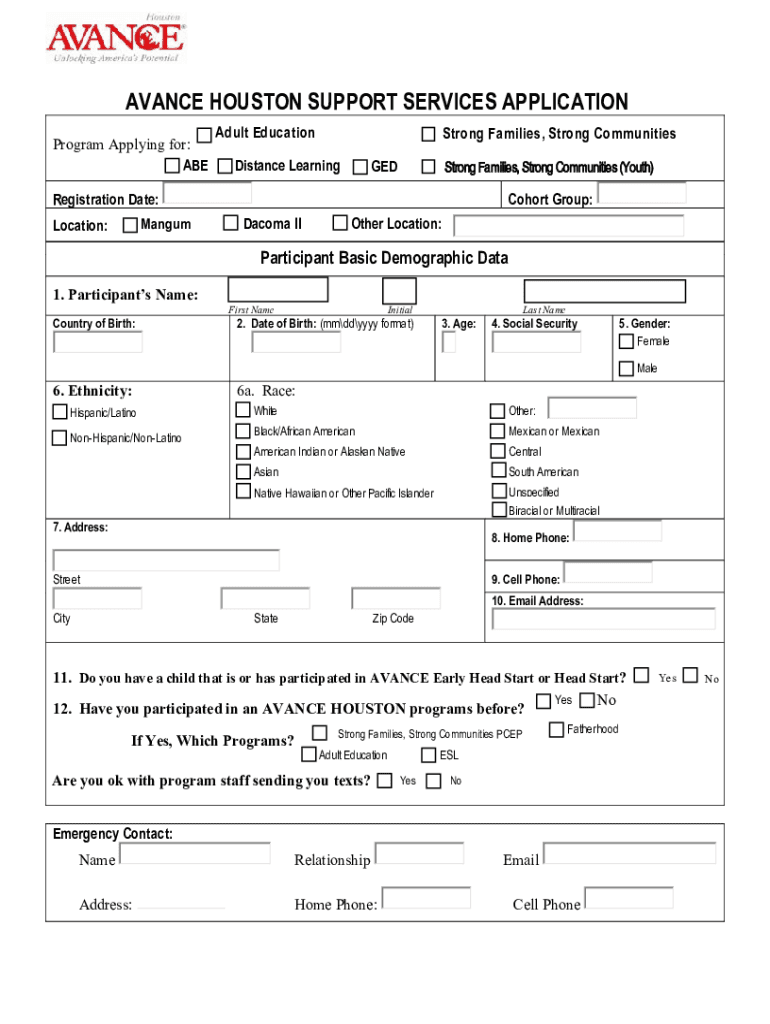 Fillable Online AVANCE HOUSTON SUPPORT SERVICES APPLICATION Fax Email ...
