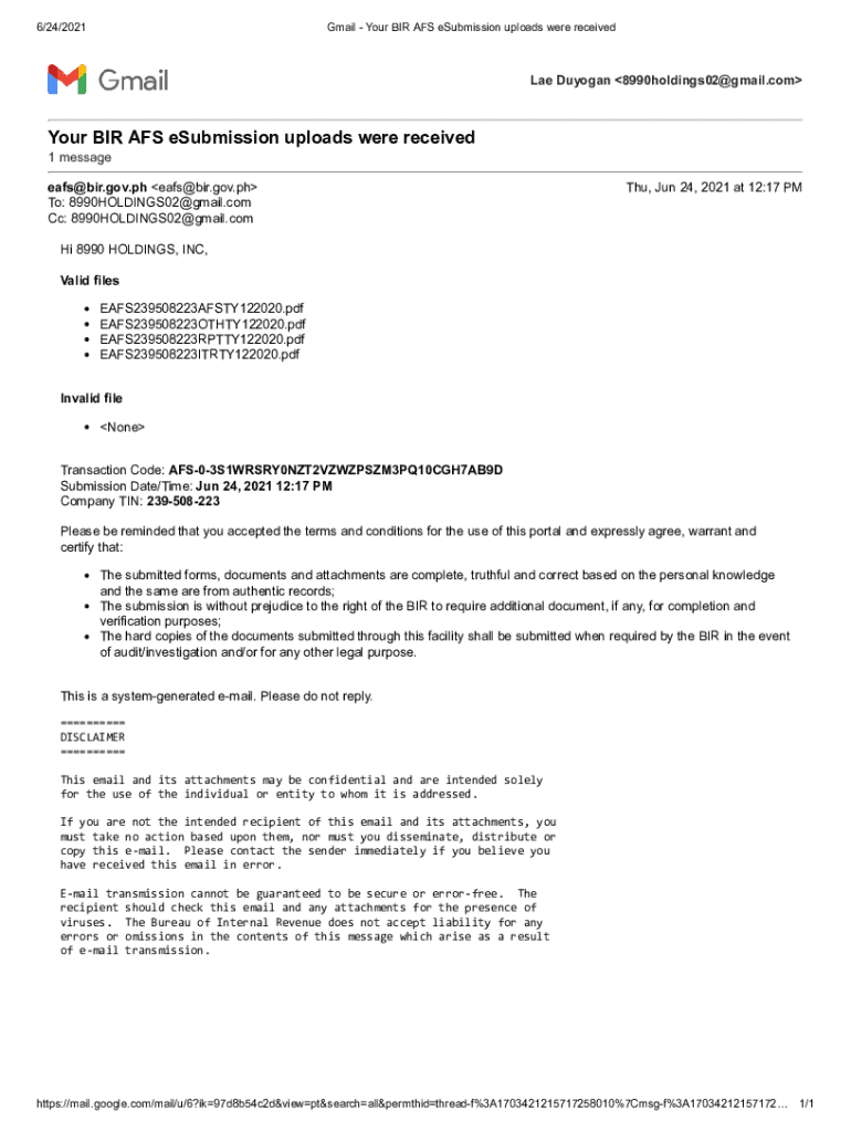 Fillable Online Your BIR AFS eSubmission uploads were received Fax ...