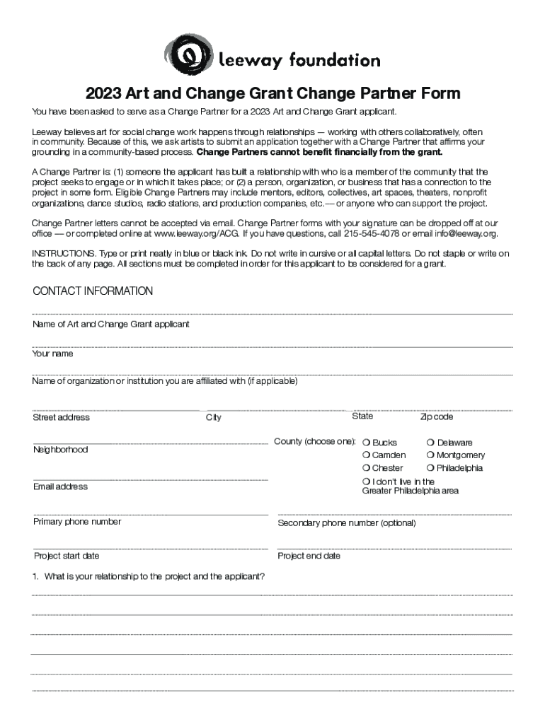 Fillable Online 2023 Art and Change Grant Change Partner Form Fax Email ...