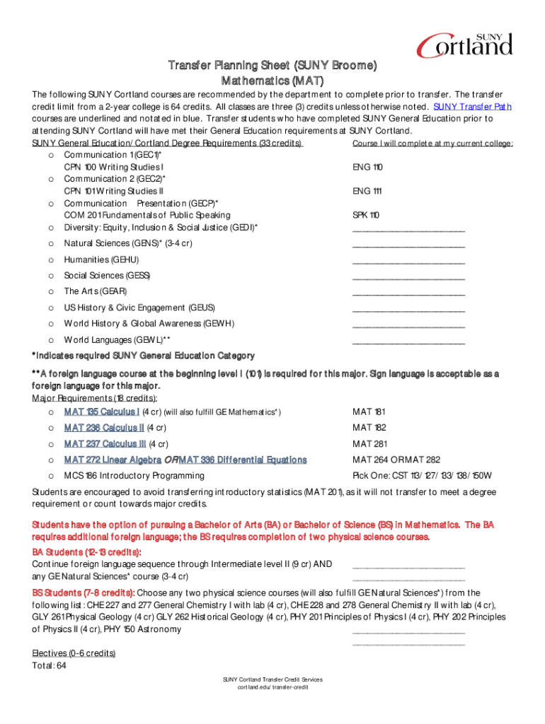 Fillable Online www2 cortland Transfer Planning Sheet (SUNY Broome ...