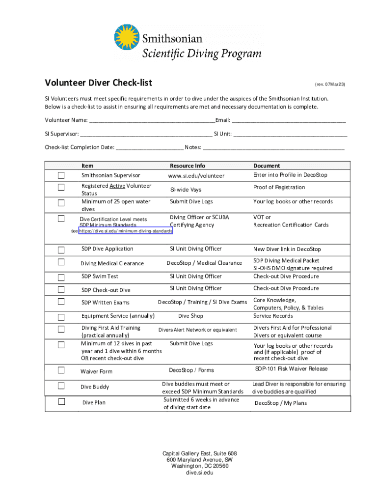 Fillable Online dive si Smithsonian Institution (SI) Volunteer Diver ...