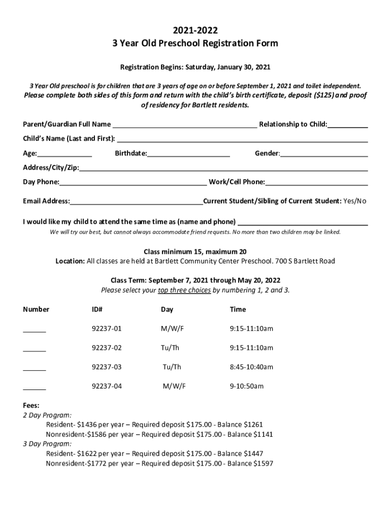 Fillable Online Preschool Programs - Bartlett Park District Fax Email ...