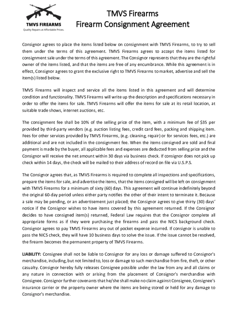 Fillable Online Firearm Consignment Agreement Form - Fill Out and Sign ...