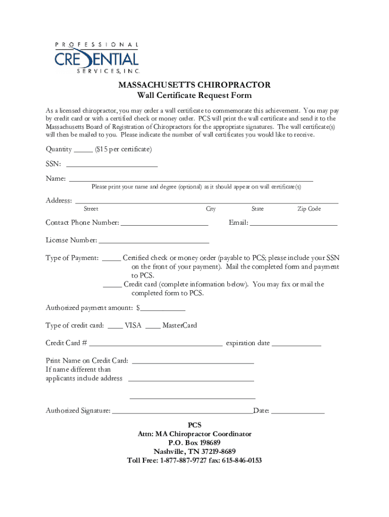 Fillable Online MASSACHUSETTS CHIROPRACTOR Wall Certificate ... Fax Email Print - pdfFiller