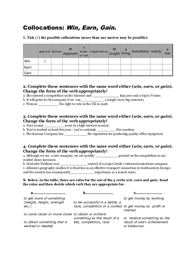 Fillable Online Career: Collocations with get/gain/win/earn Flashcards ...