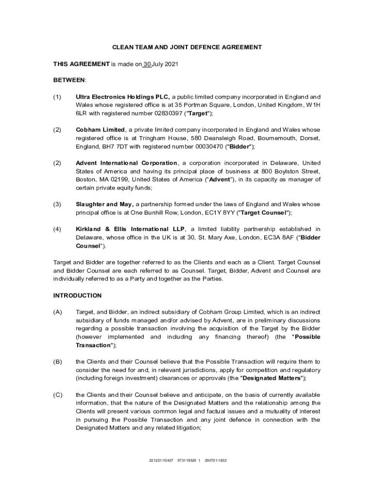 Fillable Online clean team and joint defence agreement Fax Email Print ...