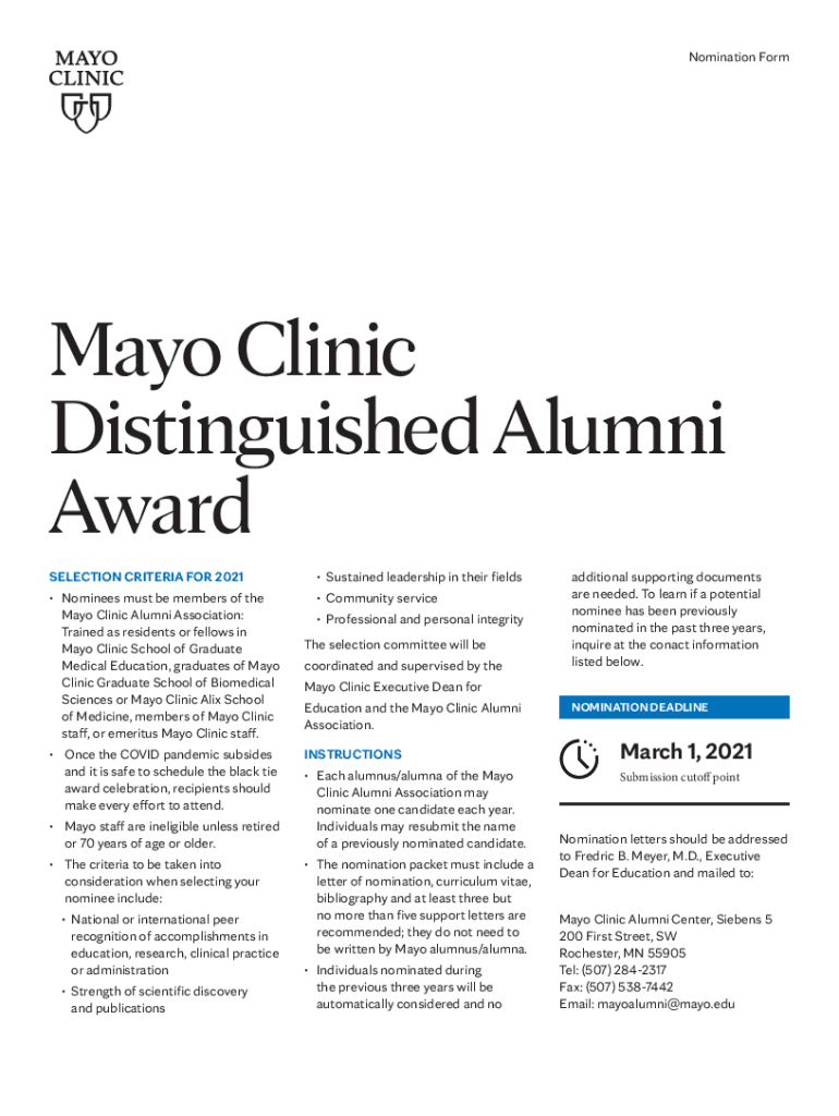 Fillable Online alumniassociation mayo Mayo Clinic Distinguished Alumni ...
