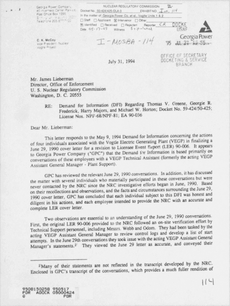 Fillable Online Intervenor exhibit I-MOSBA-114,consisting of 940731 ltr ...