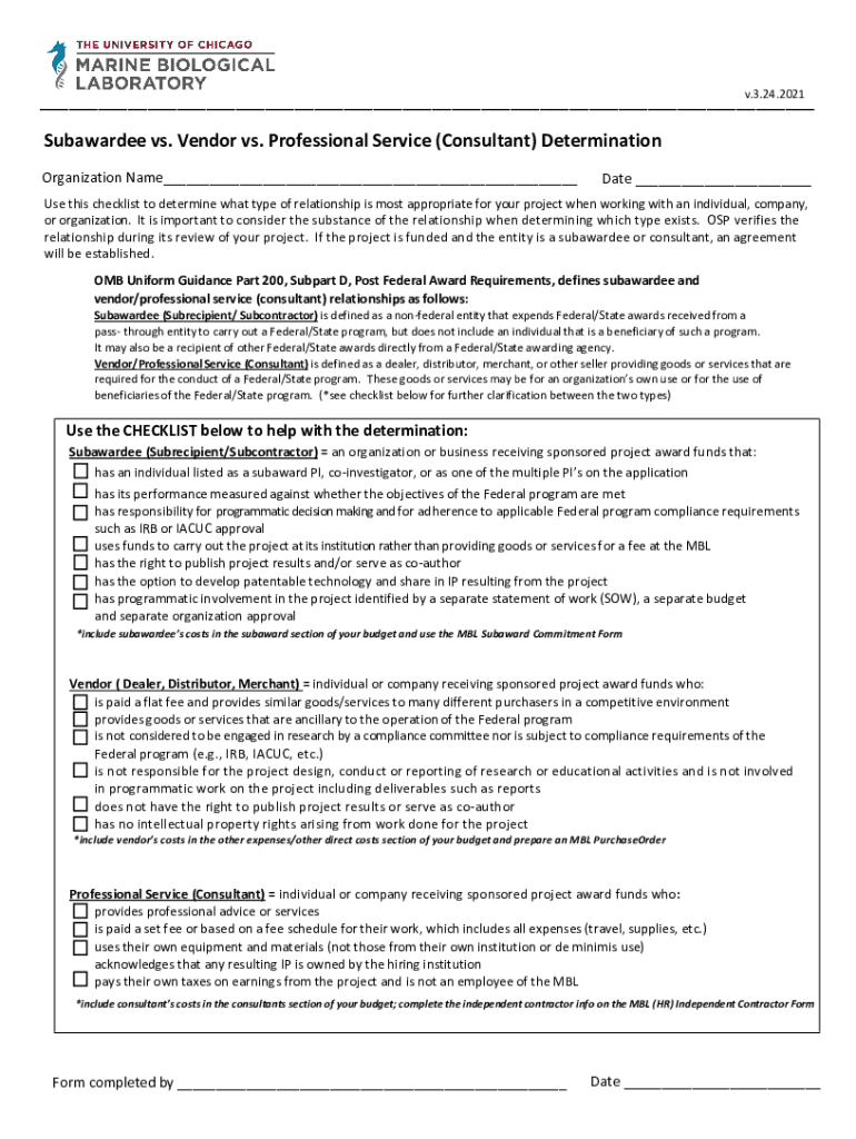 Fillable Online Subawardee-vs-Vendor-vs-Consultant-Checklist. ... Fax ...