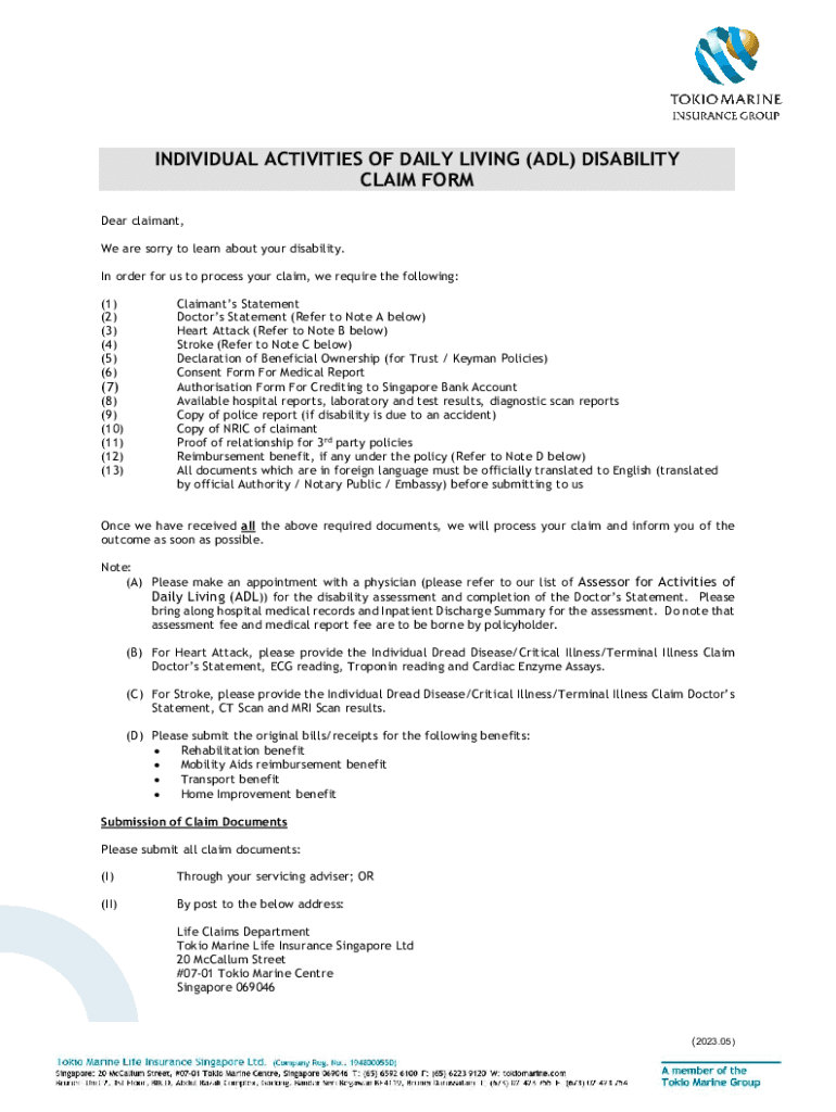 Fillable Online TMLS Individual ADL Disability Claim Form Fax Email ...
