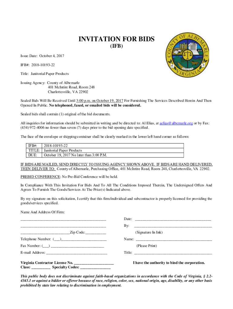 Fillable Online ftp albemarle Invitation For Bids (IFB) Aspinwall WTP Filter Building ... Fax ...