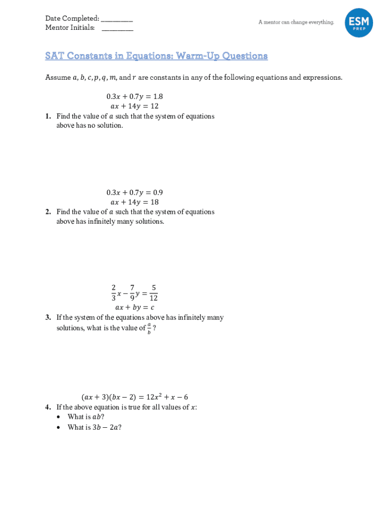 Fillable Online SAT QB - Math - Constants in Equations - Student ...
