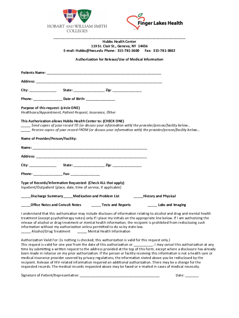 Fillable Online 2023 Hubbs Authorization for ReleaseUse of Medical ...