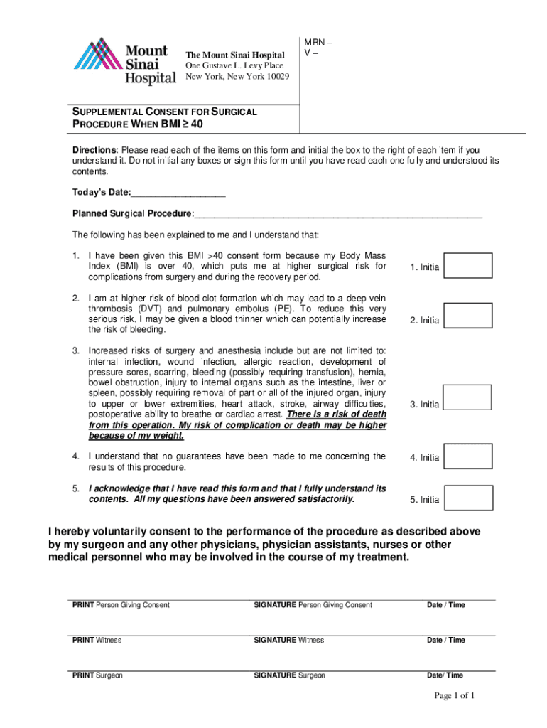 Fillable Online supplemental consent for surgical procedure when bmi40 Fax Email Print - pdfFiller