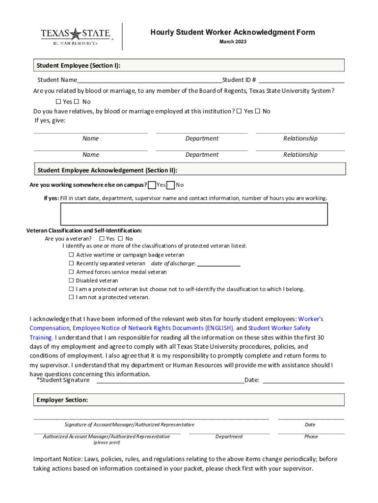 Fillable Online Hourly Student Worker Acknowledgment Form Fax Email ...