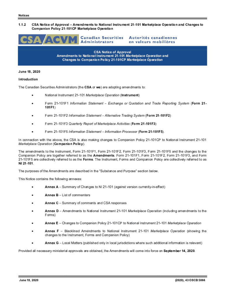 Fillable Online CSA Notice of ApprovalAmendments to National Instrument ...