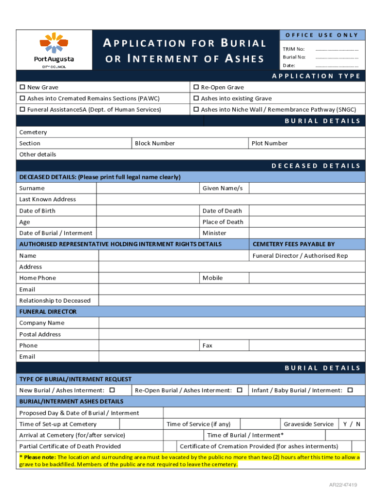 Fillable Online Port Augusta City Council - Application for Burial Form ...