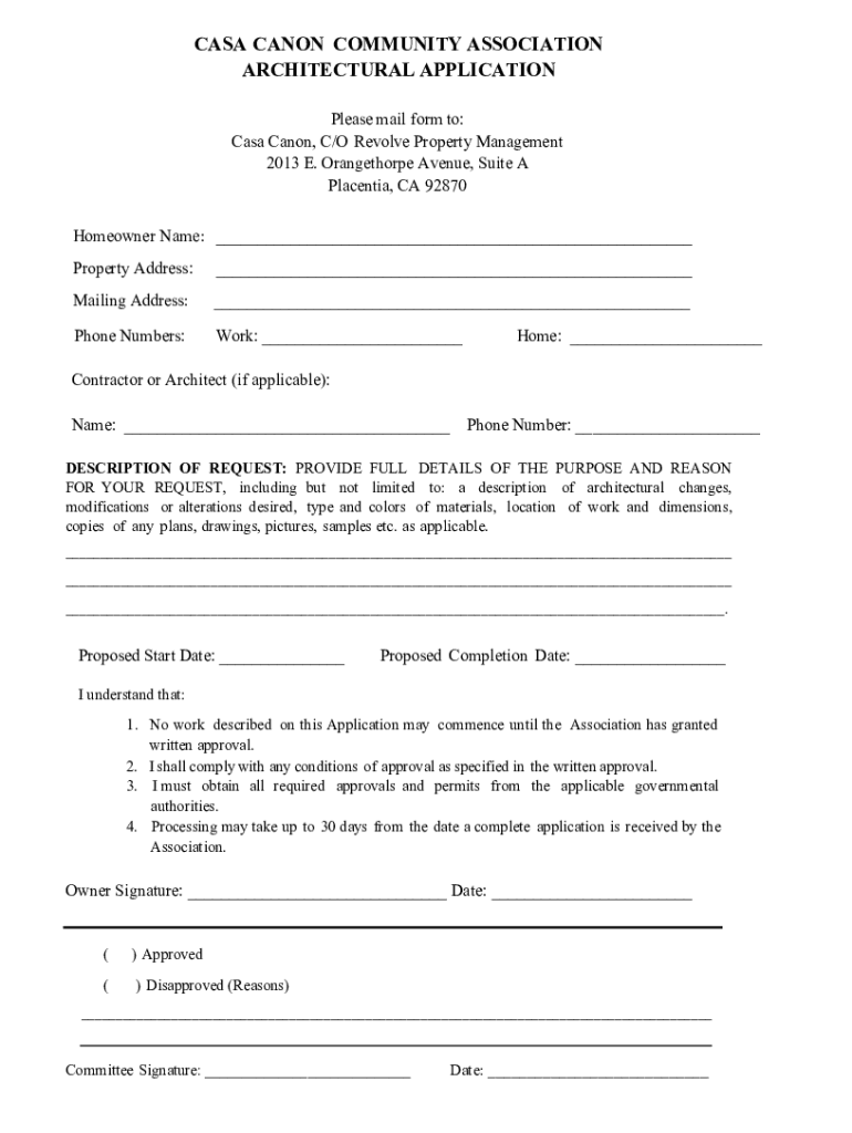 Fillable Online HOA - Architectural Request and Hold Harmless Forms ...