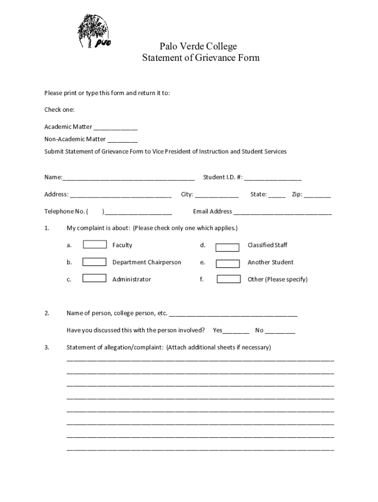 Fillable Online Palo Verde College Statement of Grievance Form Fax ...