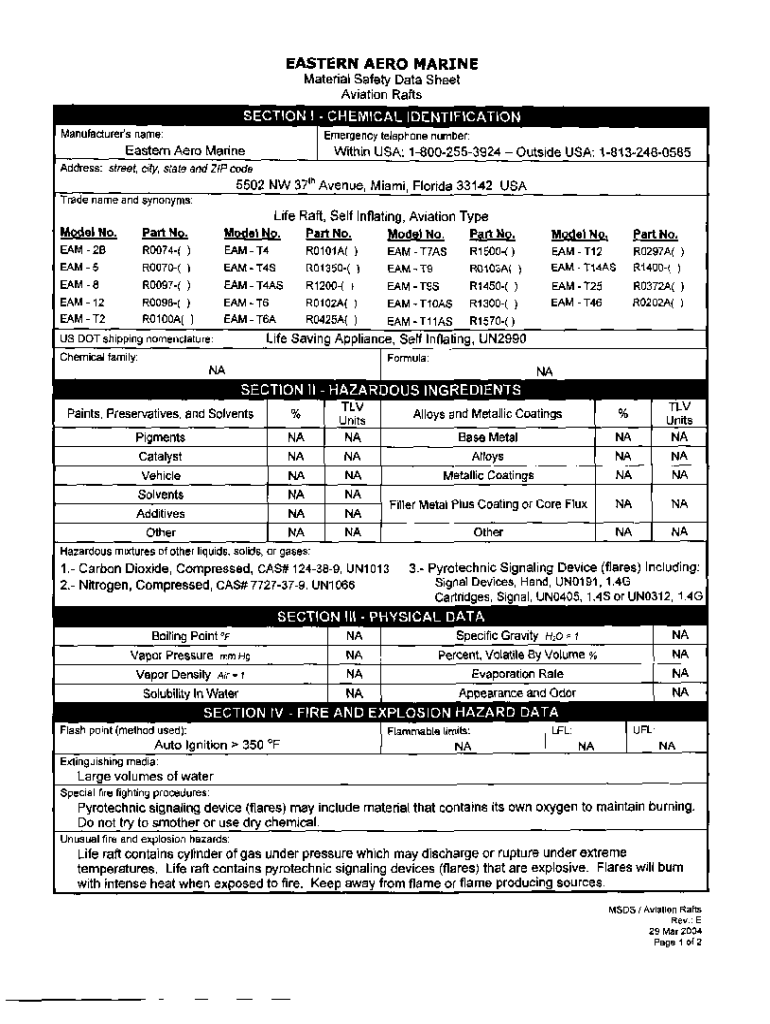 Fillable Online REVERE SURVIVAL INC. Safety Data Sheet Marine Liferafts ...