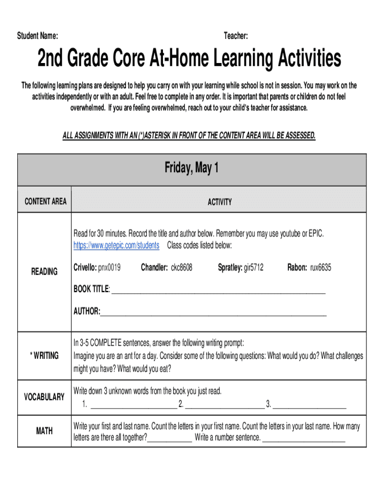 Fillable Online 2nd Grade Core At-Home Learning Activities Fax Email ...