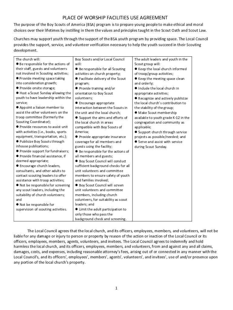 Fillable Online PLACE OF WORSHIP FACILITIES USE AGREEMENT Fax Email ...