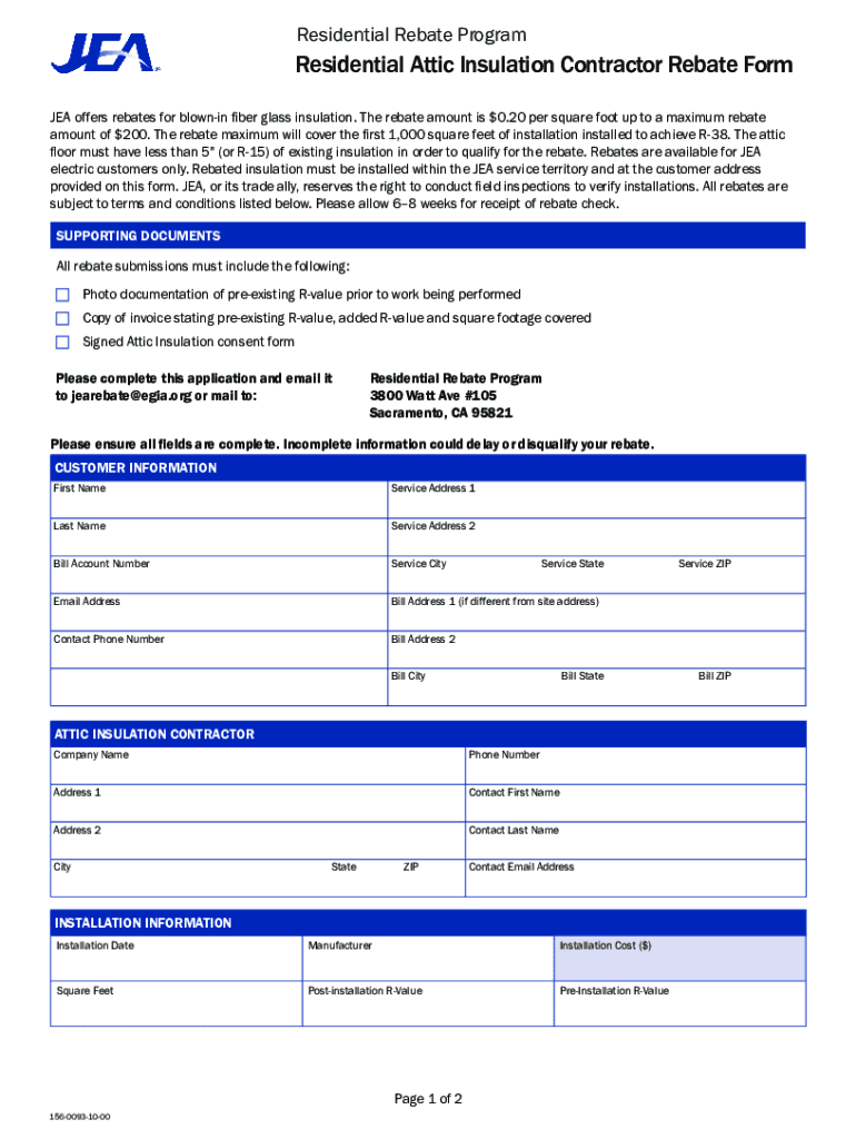 Fillable Online Residential Attic Insulation Contractor Rebate Form Fax ...