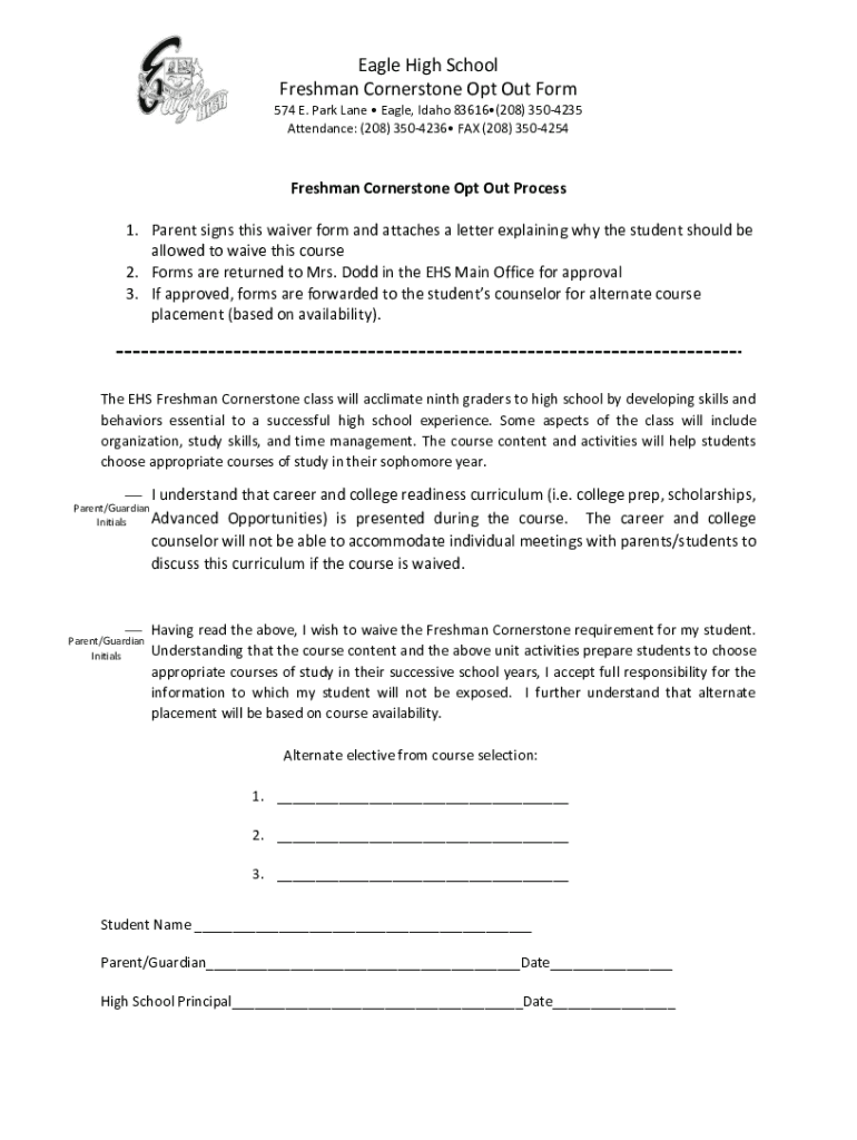 Fillable Online Eagle High School Freshman Cornerstone Opt Out Form Fax ...