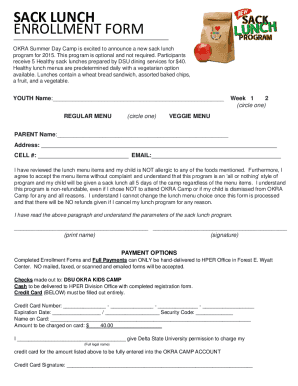 Fillable Online ENROLLMENT FORM SACK LUNCH Fax Email Print - pdfFiller