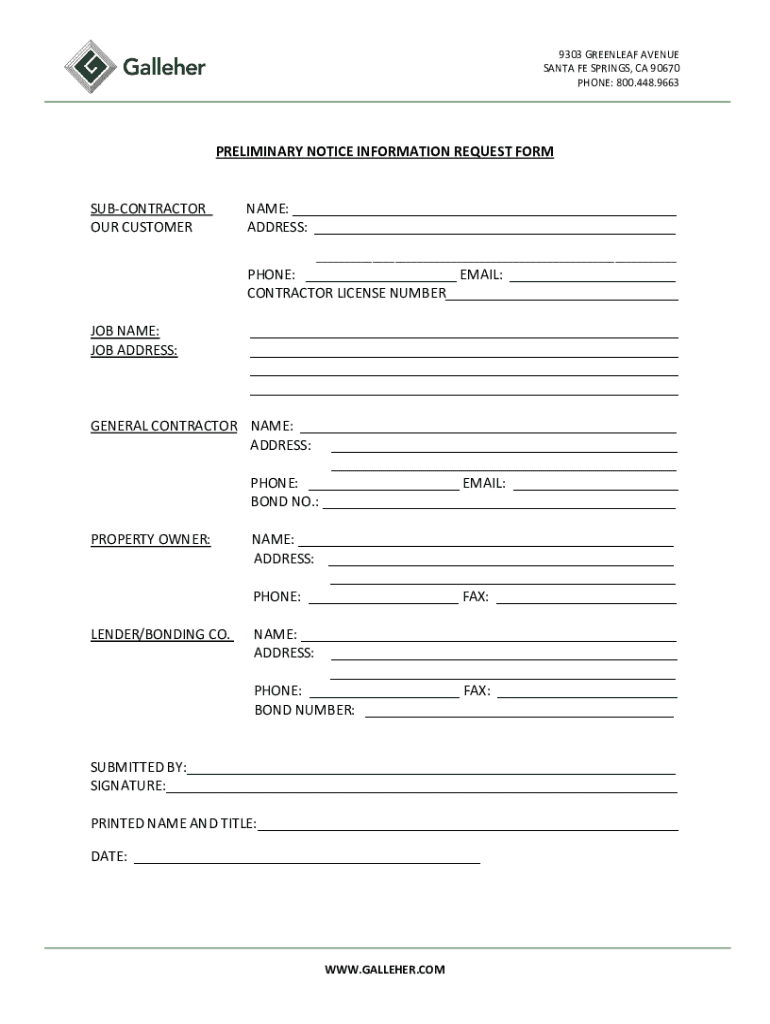Fillable Online preliminary notice information request form Fax Email ...