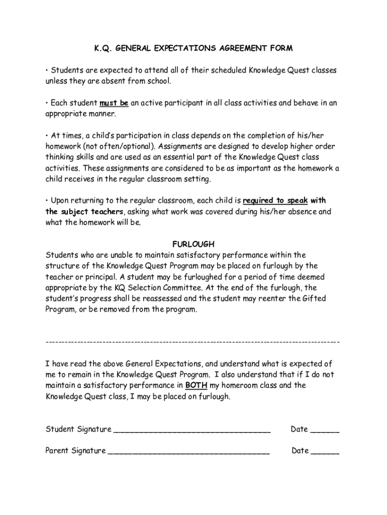 Fillable Online KQ Expectations Agreement Form Fax Email Print - pdfFiller