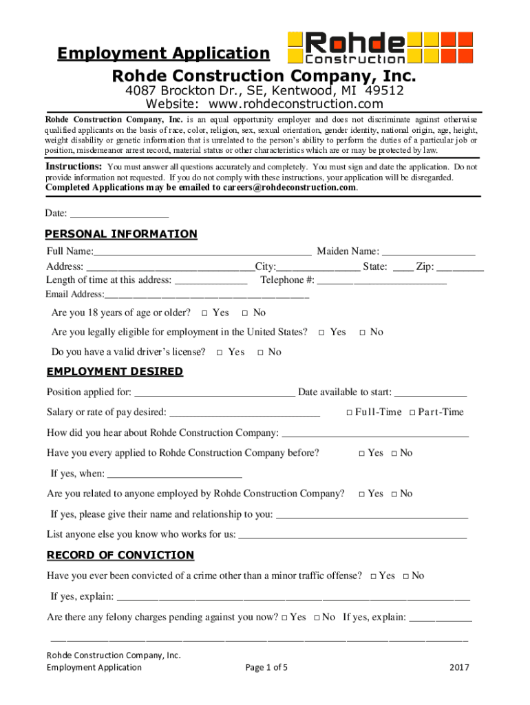 Fillable Online Employment Application Rohde Construction Company, Inc ...