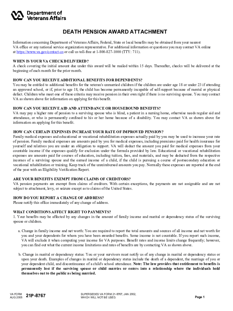 Fillable Online VA Form 21P-8767. Death Pension Award Attachment Fax ...