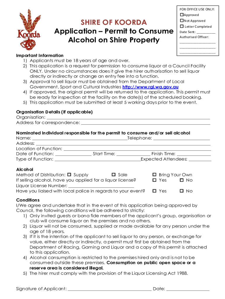 Fillable Online Application for Permit to Consume Alcohol on Shire ...