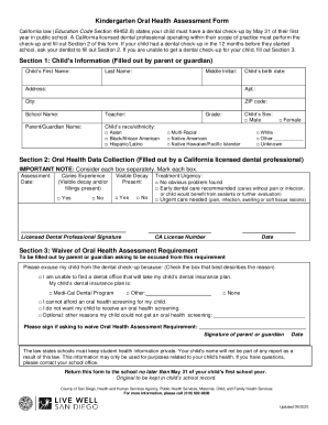 Fillable Online Kindergarten Oral Health Assessment Form Section 1 Fax ...