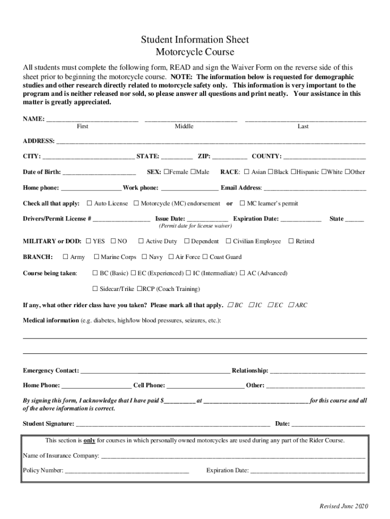 Fillable Online Student Information Sheet Motorcycle Course Fax Email Print - pdfFiller