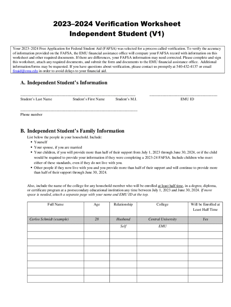 Fillable Online 20232024 Verification Worksheet Independent Student (V1) Fax Email Print - pdfFiller