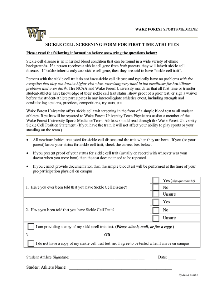 Fillable Online Sickle Cell Screening Form for First Time Athletes Fax ...