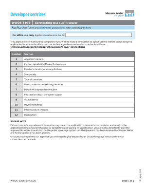 Fillable Online Application form for sewer connections wwds-s106- ... Fax Email Print - pdfFiller