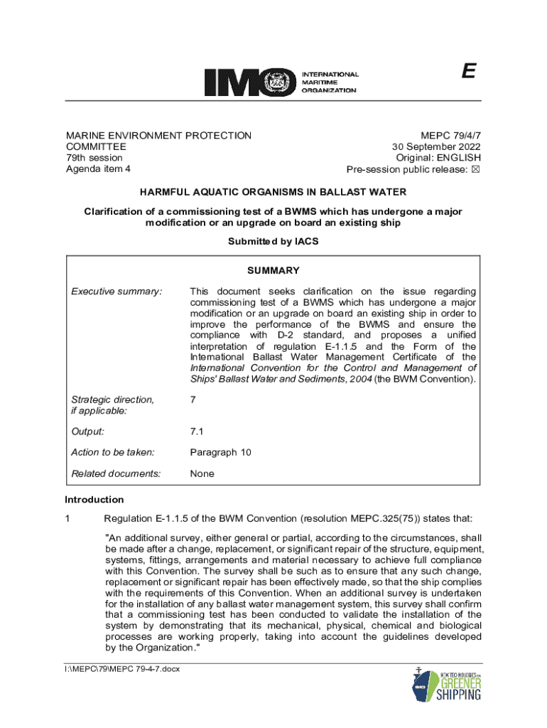 Fillable Online Clarification of a commissioning test of a BWMS which ...