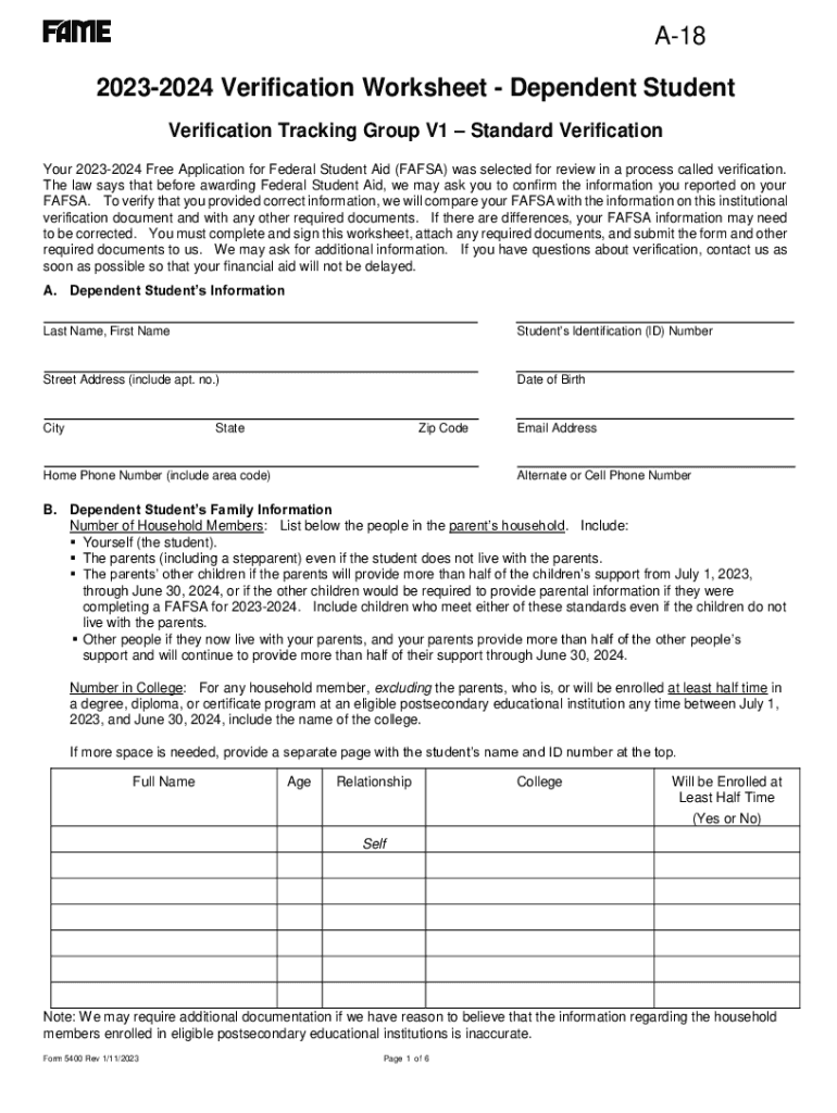 Fillable Online A-18 2023-2024 Verification Worksheet - Dependent Student Fax Email Print ...