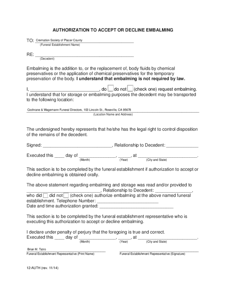 Fillable Online AUTHORIZATION TO EMBALM AT FUNERAL ... Fax Email Print ...