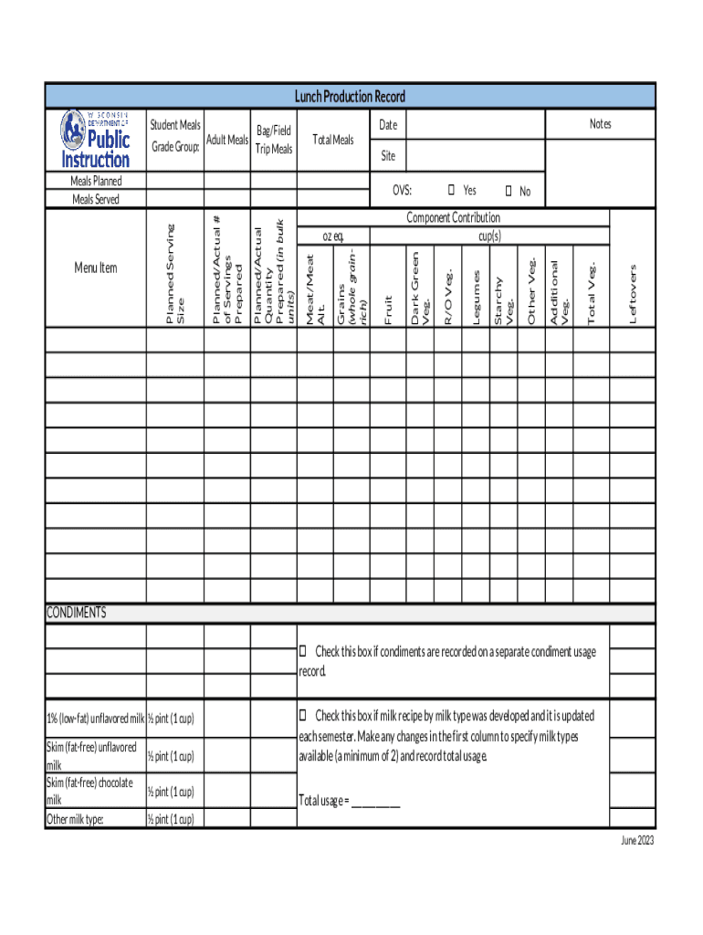 Fillable Online dpi wi Self-Prep Production and Meal Service Record ...