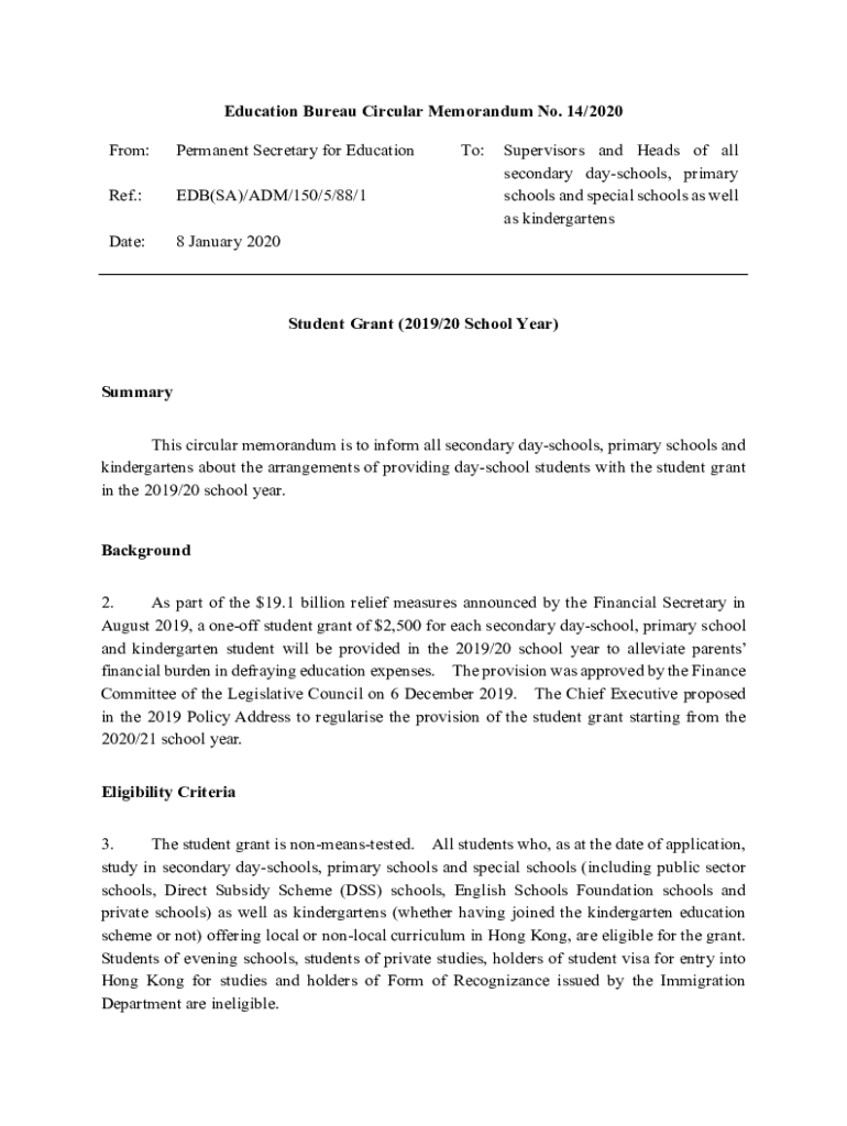 Fillable Online applications edb gov Education Bureau Circular Memorandum No. 14/2020 From Fax ...