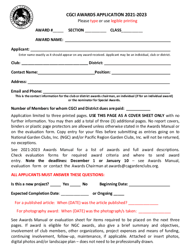 Fillable Online 2021-2023 CGCI Awards Judging Report Form Fax Email ...